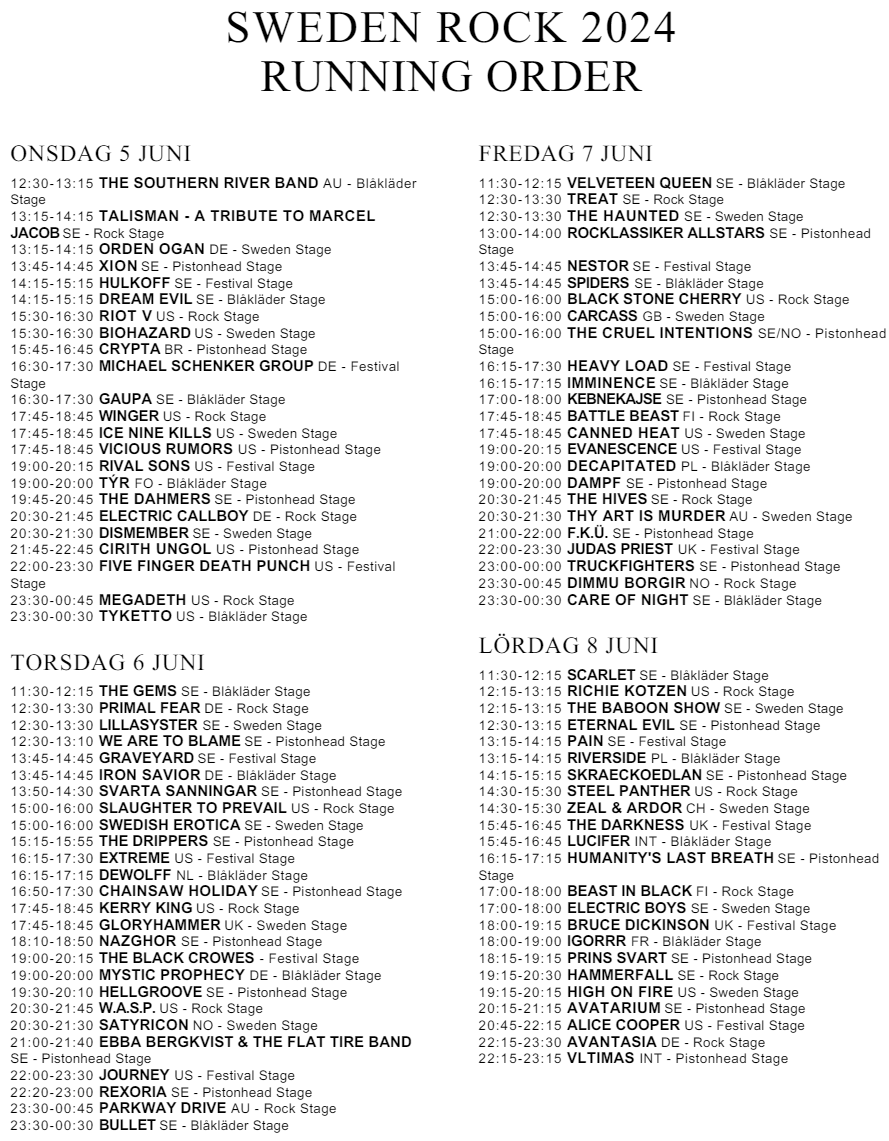 Sweden Rock Festival 2024 - Horaires / Running Order