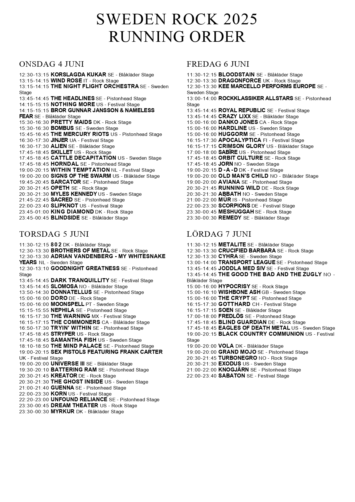 Sweden Rock Festival 2025 - Horaires / Running Order